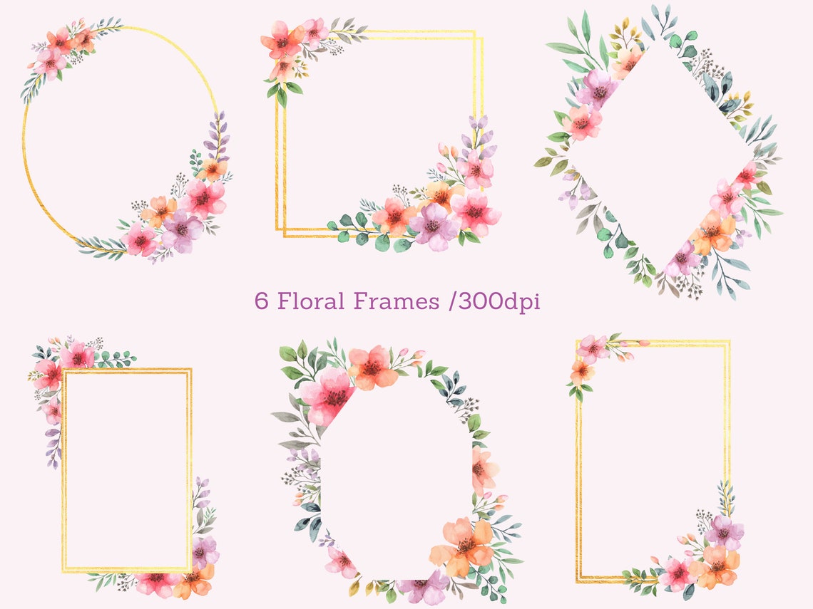 Watercolor Pink Blush Floral Frames Coral Pink Floral - Etsy