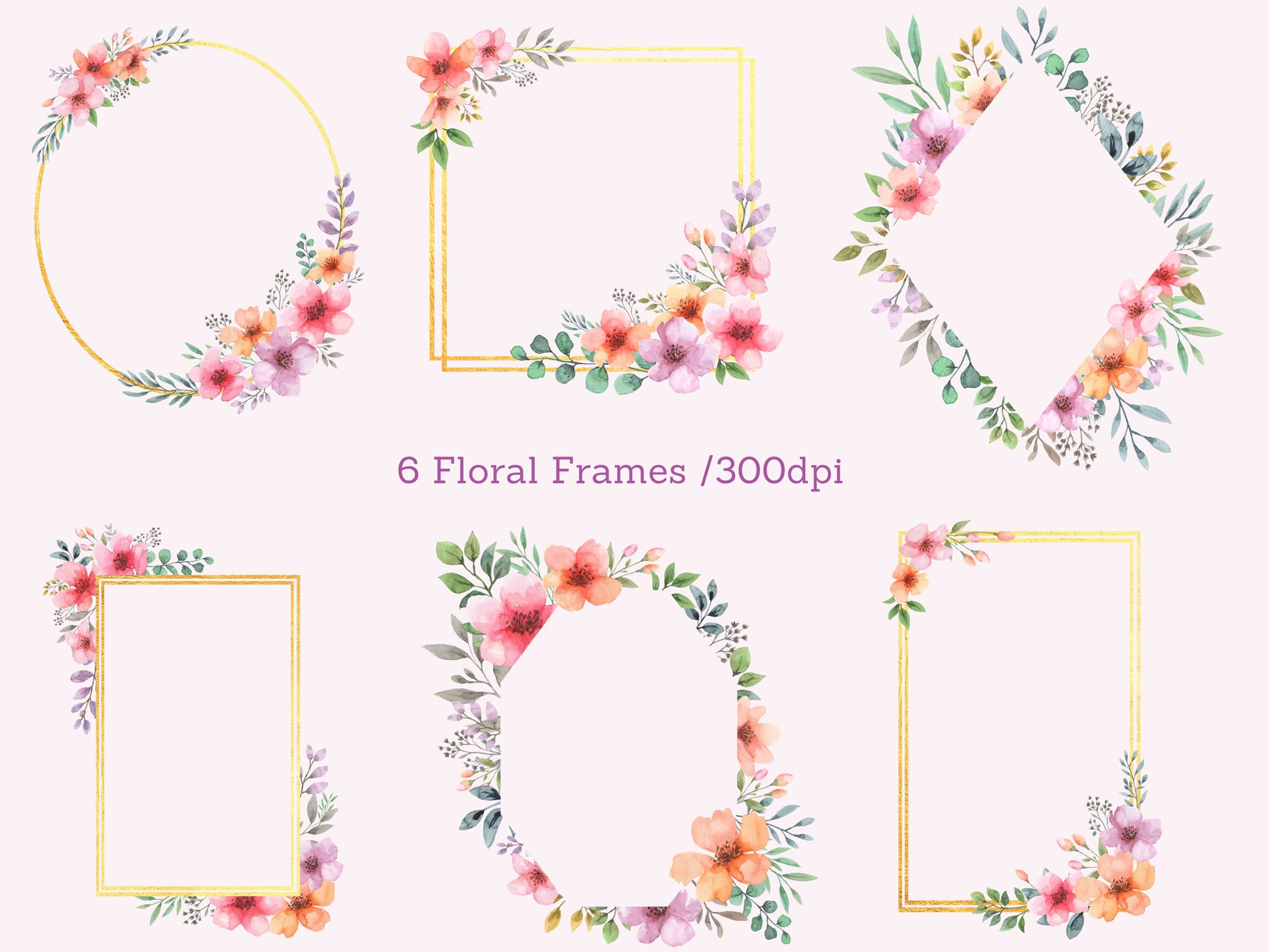 Watercolor Pink Blush Floral Frames Coral Pink Floral - Etsy