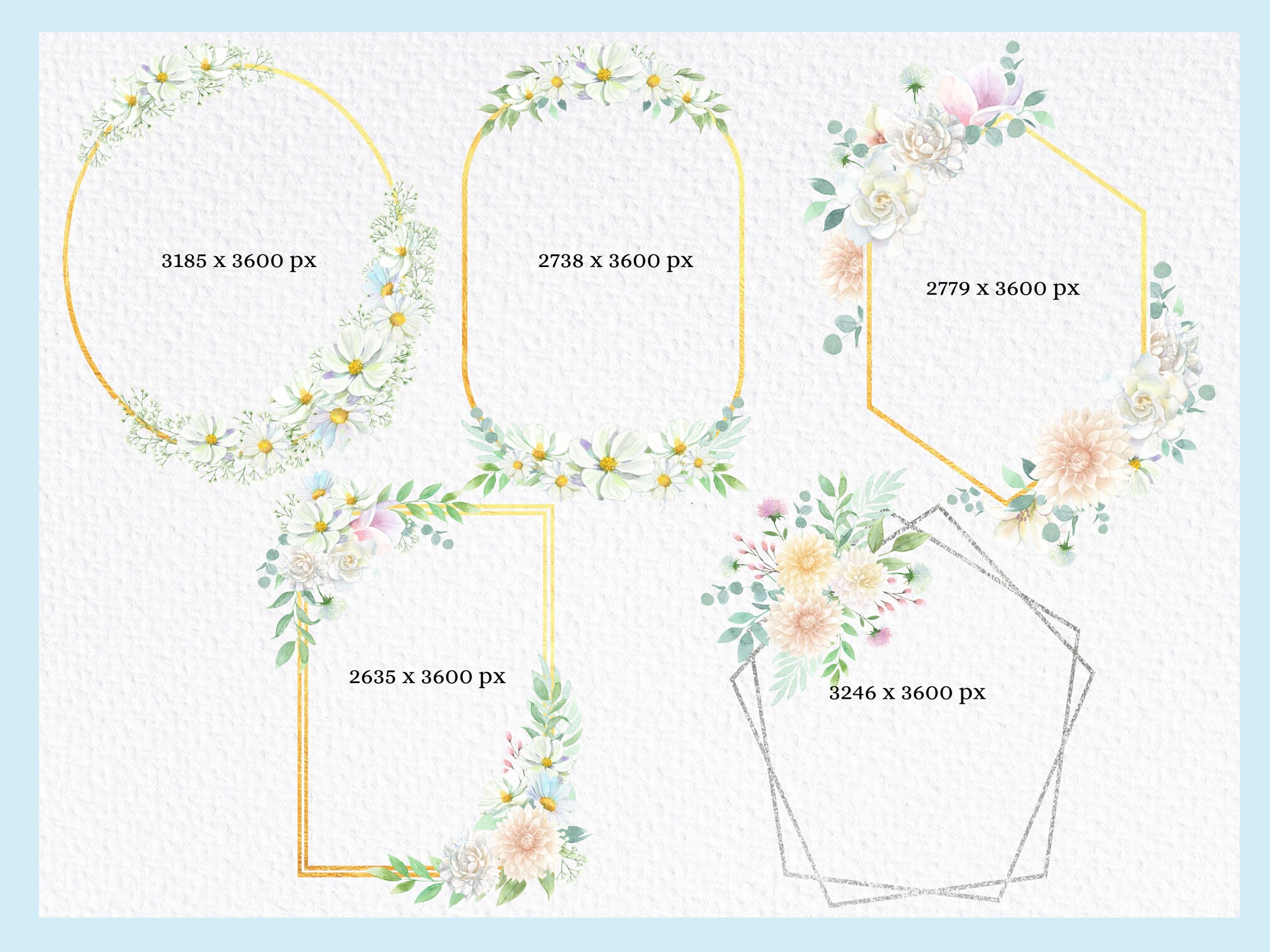 Watercolor Flower Clipart: White Floral Gold Frames (digital Download ...