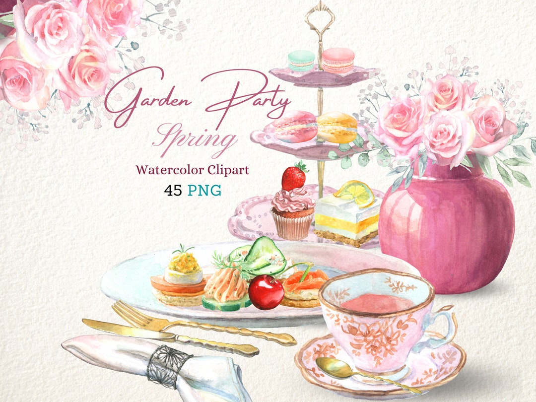 Watercolor Tea Party Clipart, Pink Rose Tea Party Set, Handdrawn ...