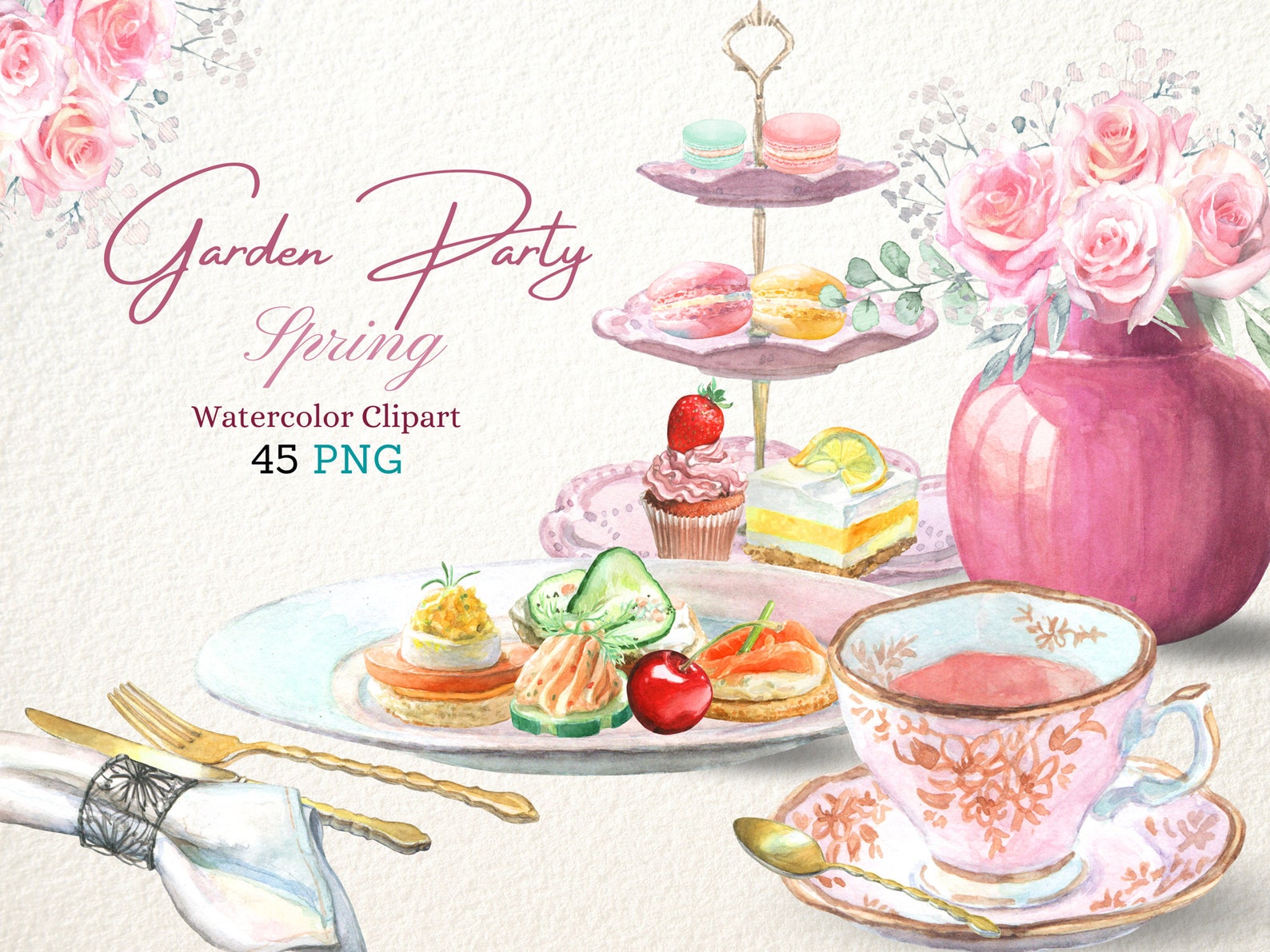 Watercolor Tea Party Clipart Pink Rose Tea Party Set Wedding - Etsy