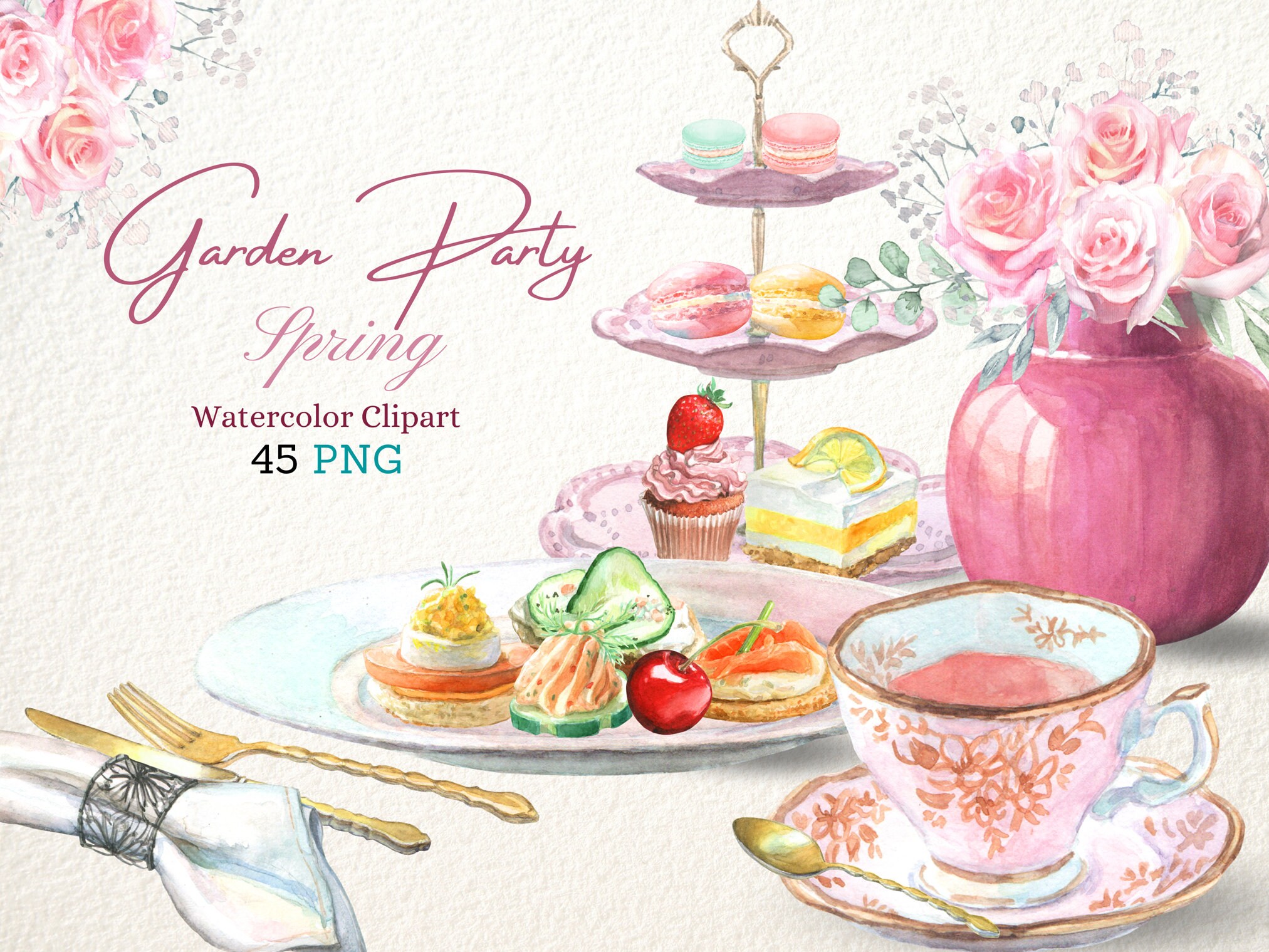 Watercolor Tea Party Clipart Pink Rose Tea Party Set Wedding - Etsy