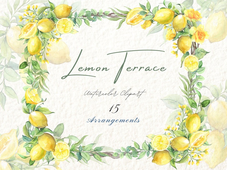 Watercolor Lemon Clipart: Greenery Frames & Bouquets, PNG Digital ...
