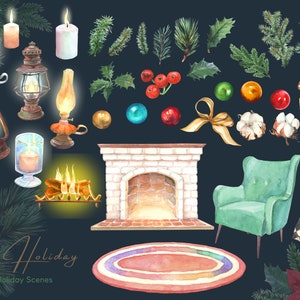 Watercolor Christmas Clipart, Cozy Winter Holiday Home, Christmas ...