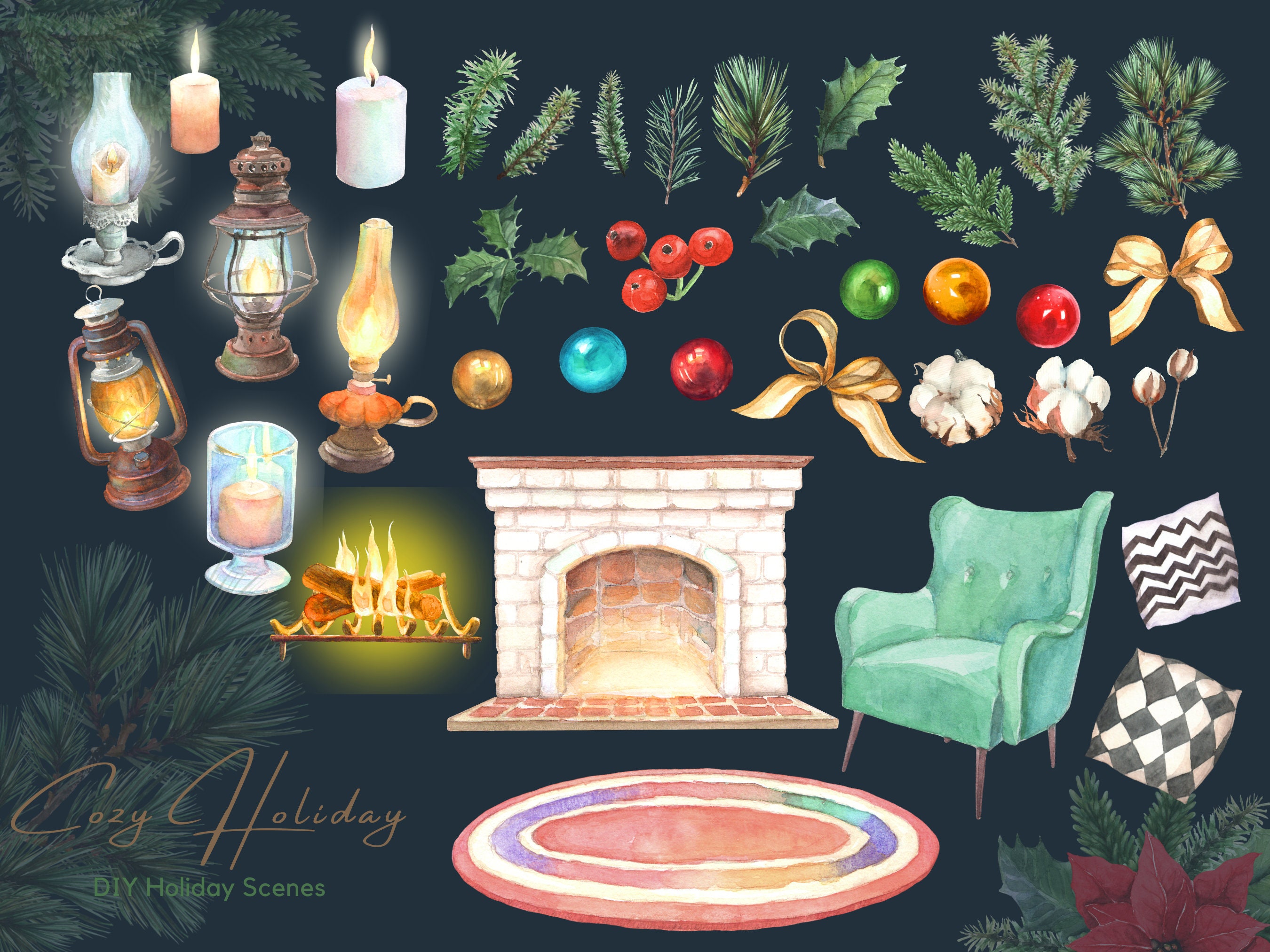 Watercolor Christmas Clipart Cozy Winter Holiday Home - Etsy