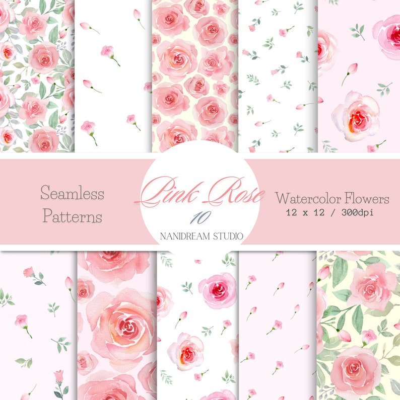 Watercolor Pink Rose Seamless Pattern, Digital Paper, Printable Digital ...
