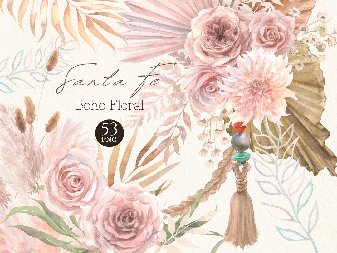 Watercolor Boho Clipart, Dusty Pink Flowers, Grey Pink Boho Floral ...