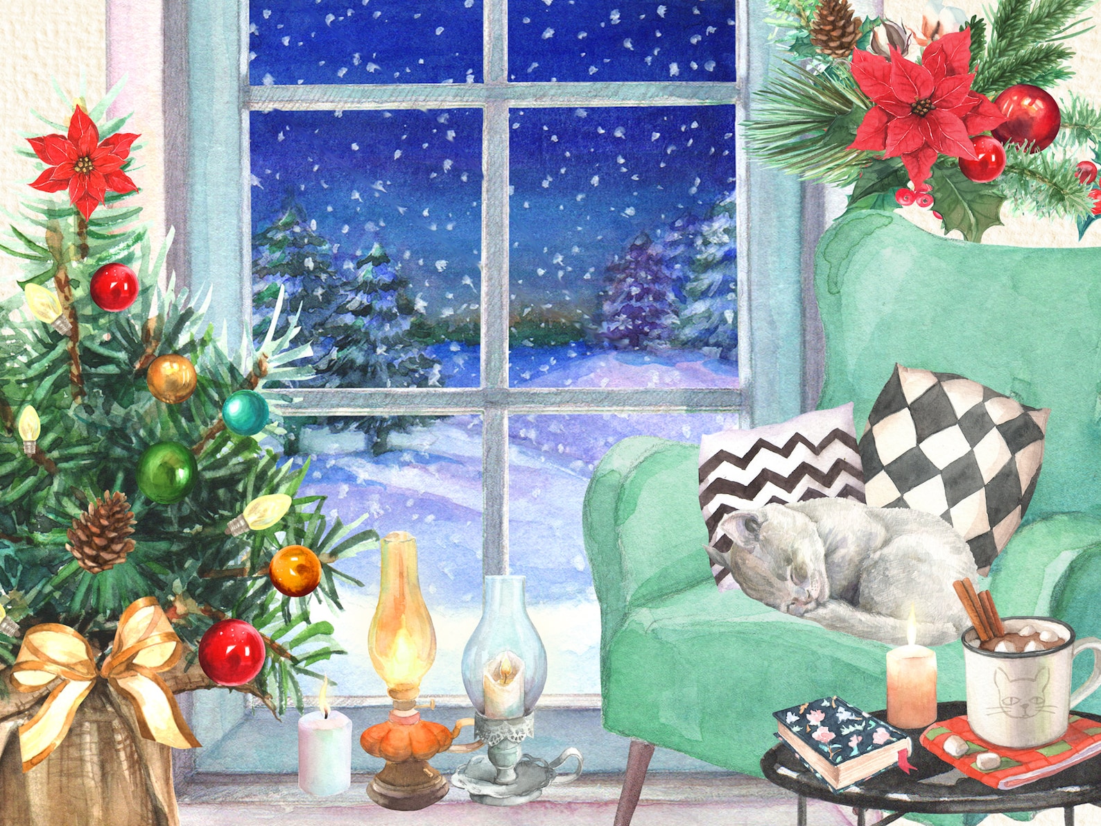 Watercolor Christmas Clipart Cozy Winter Holiday Home - Etsy