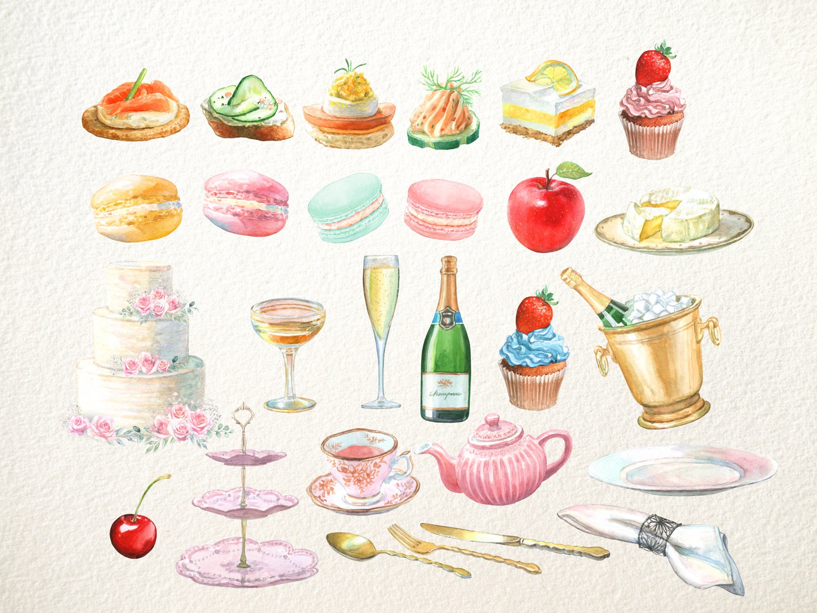 Watercolor Tea Party Clipart Pink Rose Tea Party Set Wedding - Etsy