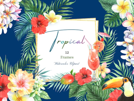 Watercolor Tropical Clipart Summer Frames Set Cocktails - Etsy