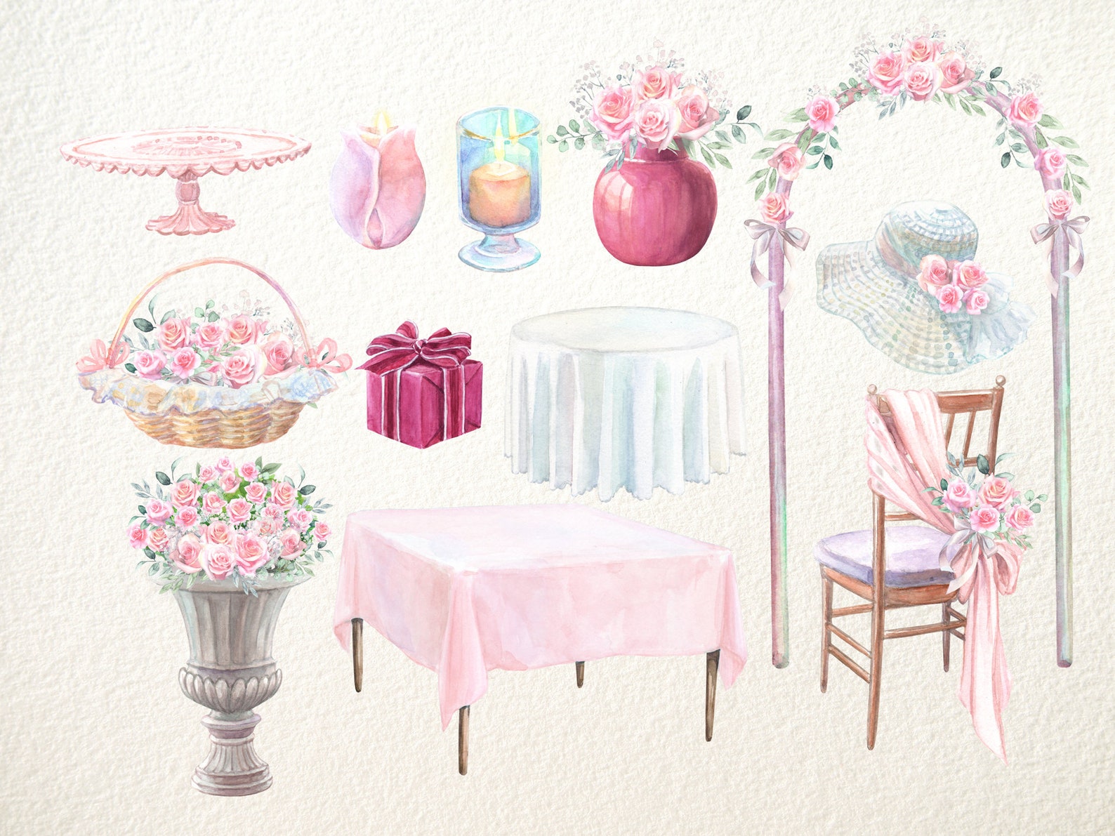 Watercolor Tea Party Clipart: Pink Rose DIY Elements, Digital Download ...