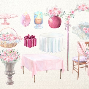 Watercolor Tea Party Clipart, Pink Rose Tea Party Set, Handdrawn ...