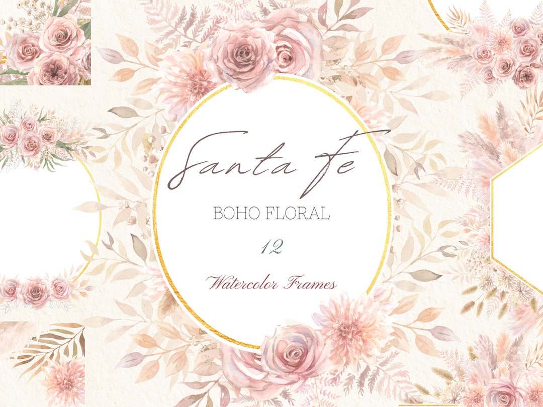 Watercolor Boho Clipart, Dusty Pink Flowers, Elegant Gray Pink Boho ...