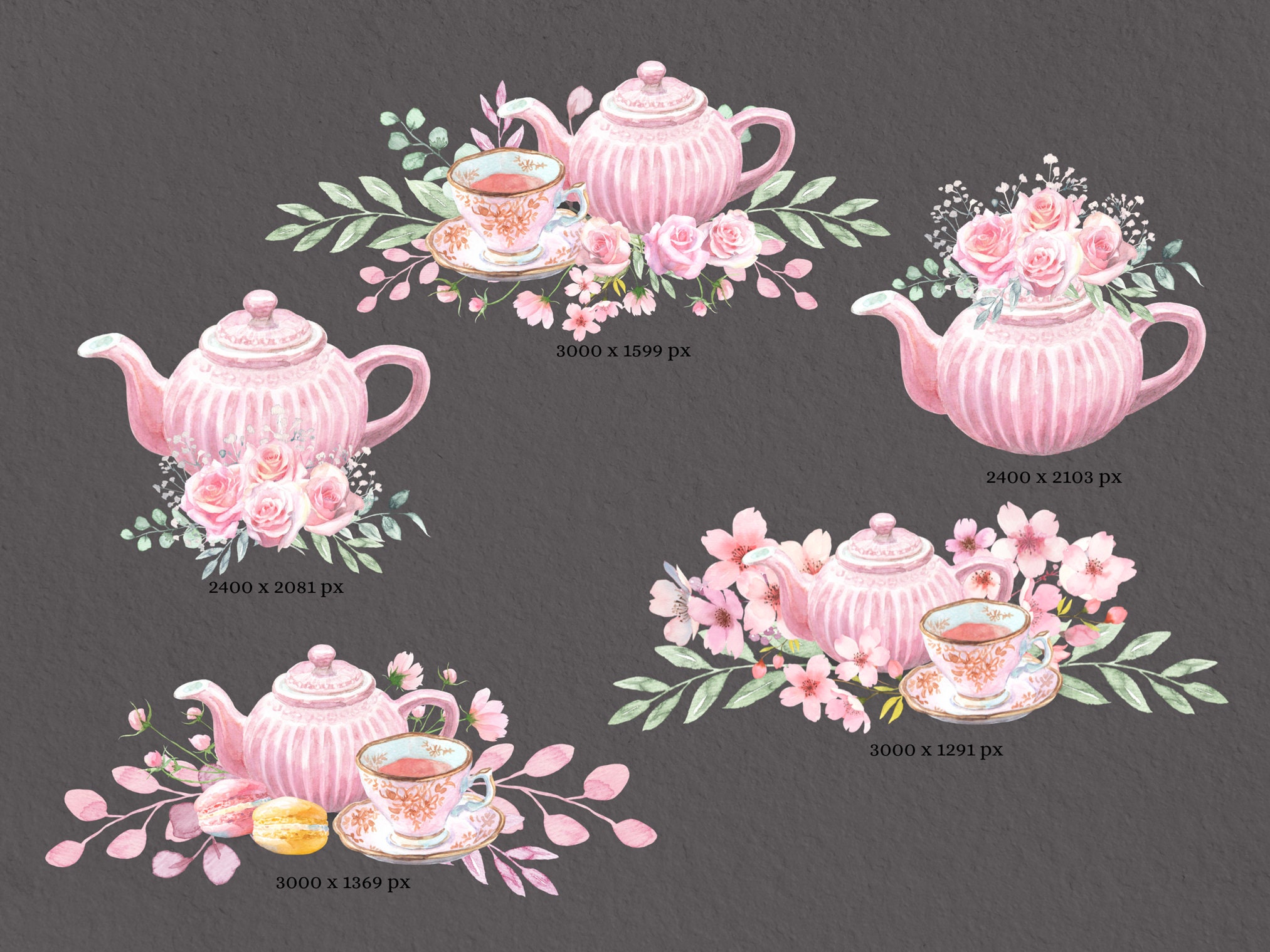 Watercolor Pink Rose Tea Party Clipart: Golden Frames, PNG Digital ...