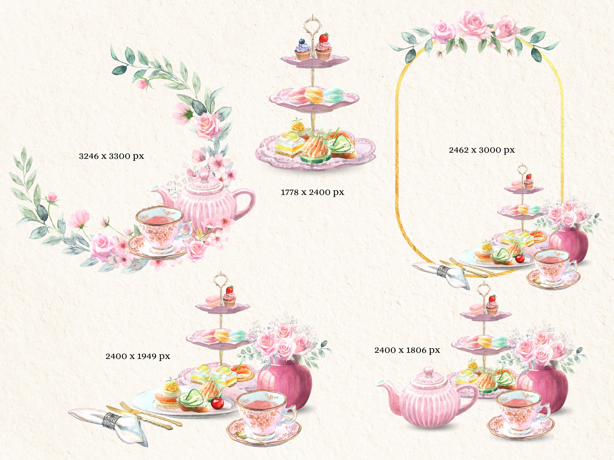 Watercolor Pink Rose Tea Party Clipart: Golden Frames, PNG Digital ...