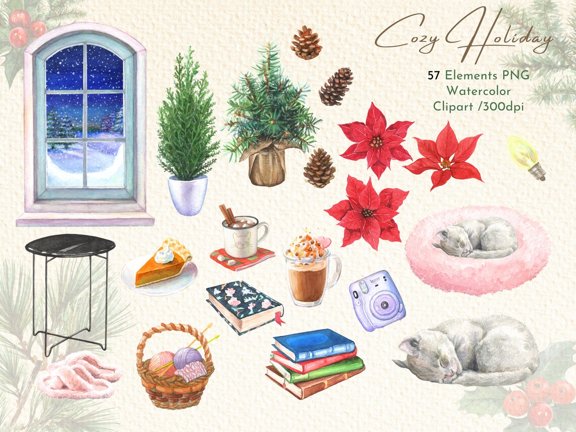 Watercolor Christmas Clipart Cozy Winter Holiday Home - Etsy