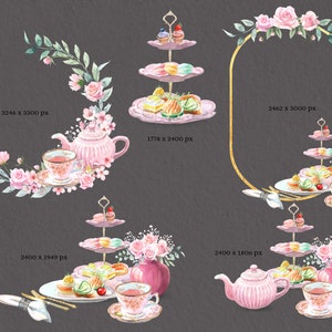 Watercolor Pink Rose Afternoon Tea Clipart, Golden Frames, Arrangements ...