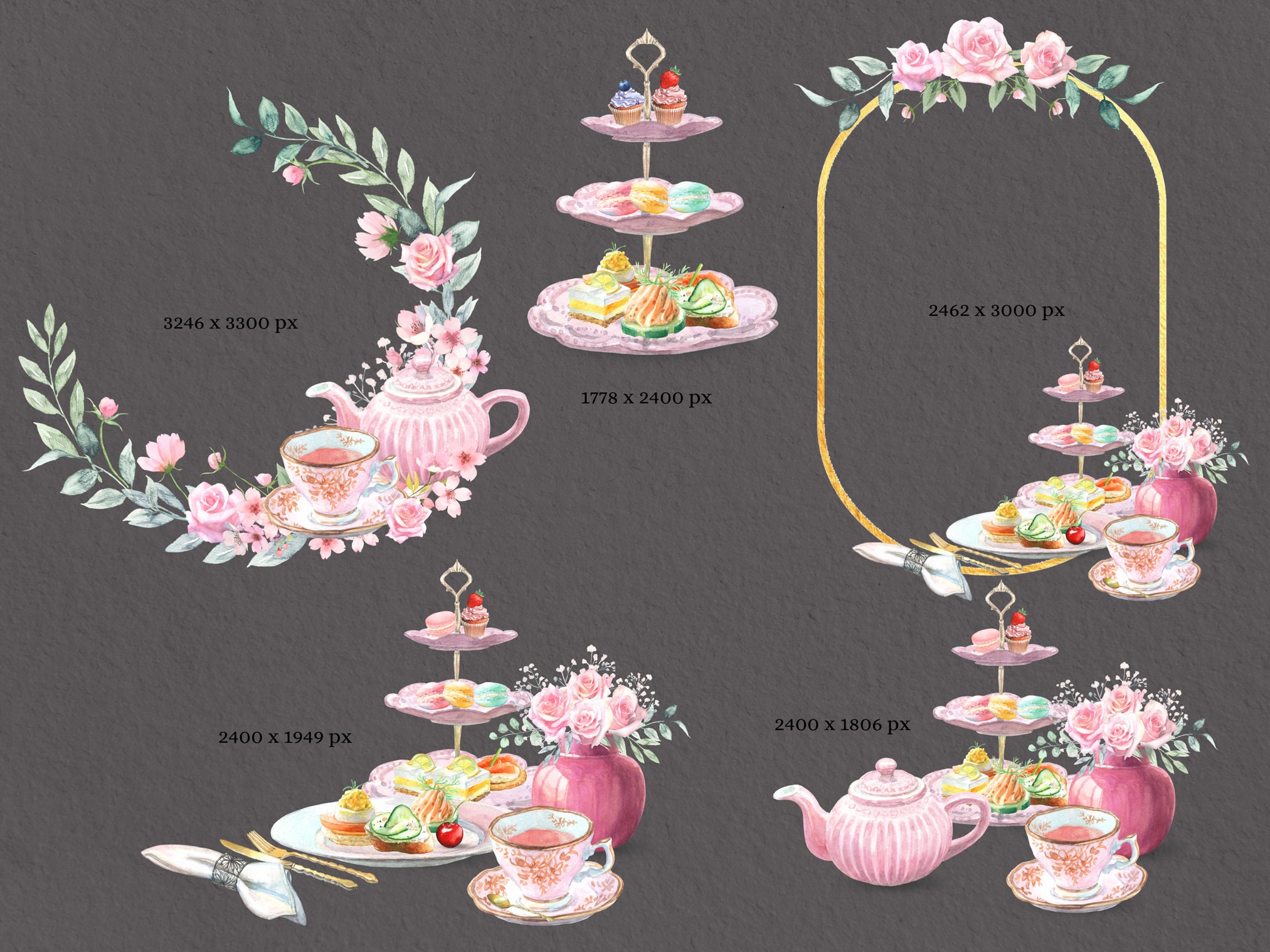 Watercolor Pink Rose Tea Party Clipart: Golden Frames, PNG Digital ...