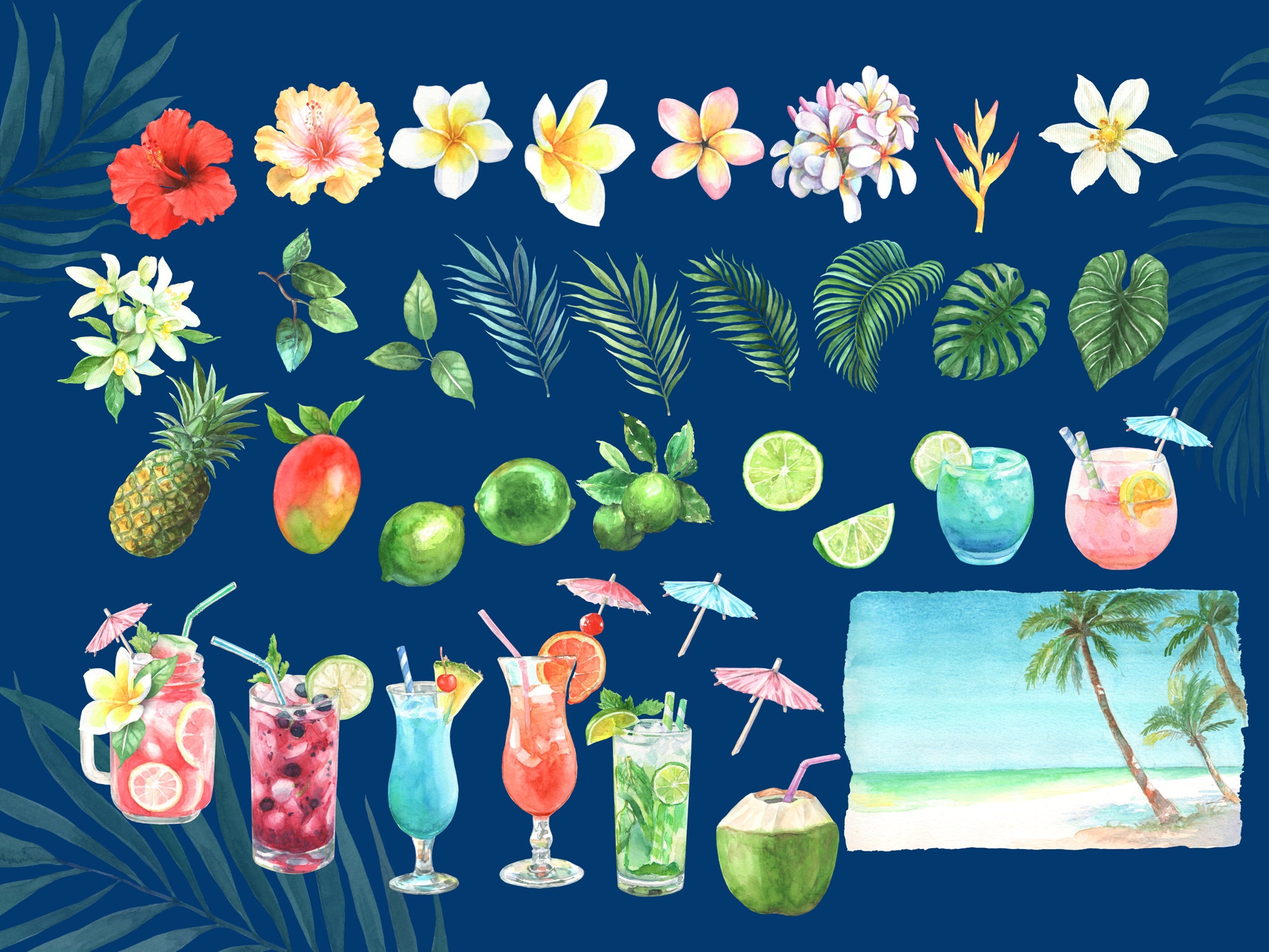 Watercolor Tropical Summer Clipart Blue Hawaiian Cocktail - Etsy