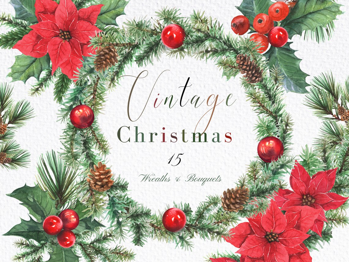Watercolor Christmas Clipart: Poinsettia Wreaths & Bouquets, Digital ...