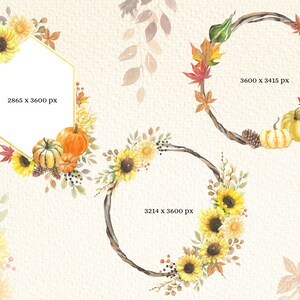 Watercolor Fall Clipart, Boho Sunflowers Bouquet Frames, Pumkins ...