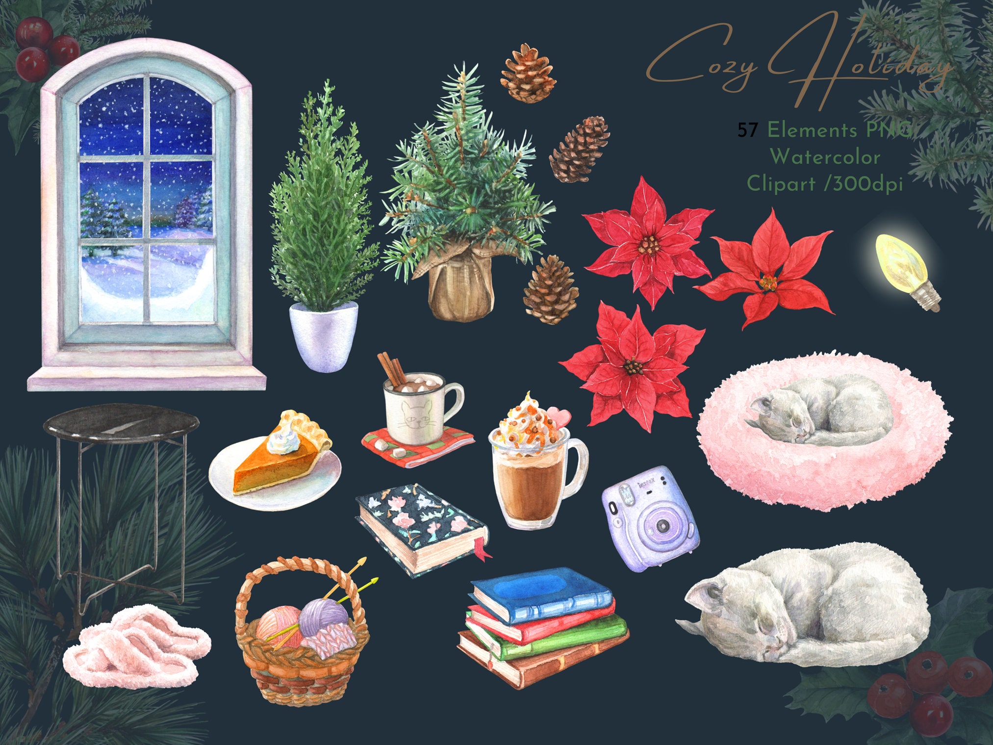 Watercolor Christmas Clipart Cozy Winter Holiday Home - Etsy