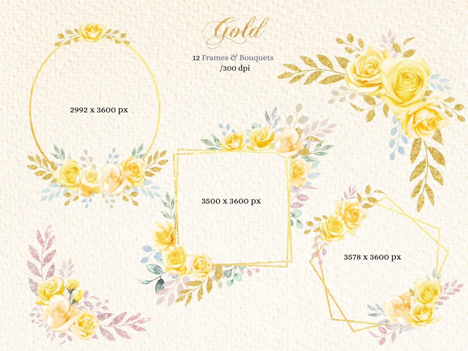 Watercolor Yellow Rose Clipart Gold Frames Gold and Silver - Etsy