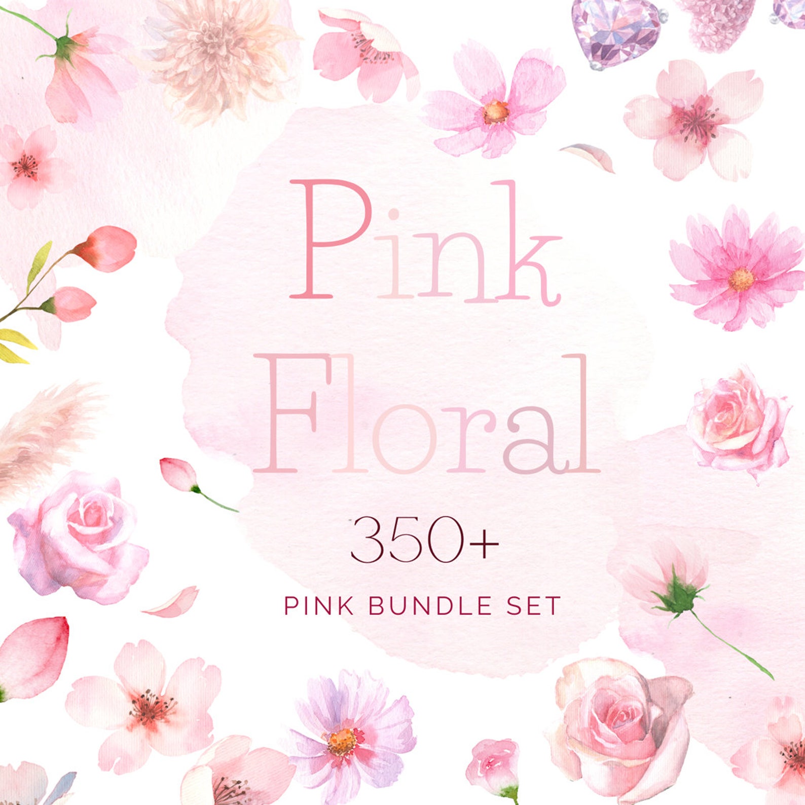 Watercolor Pink Floral Clipart Bundle Set. Pink Rose, Cosmos ...