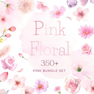 Watercolor Pink Floral Clipart Bundle Set. Pink Rose, Cosmos ...