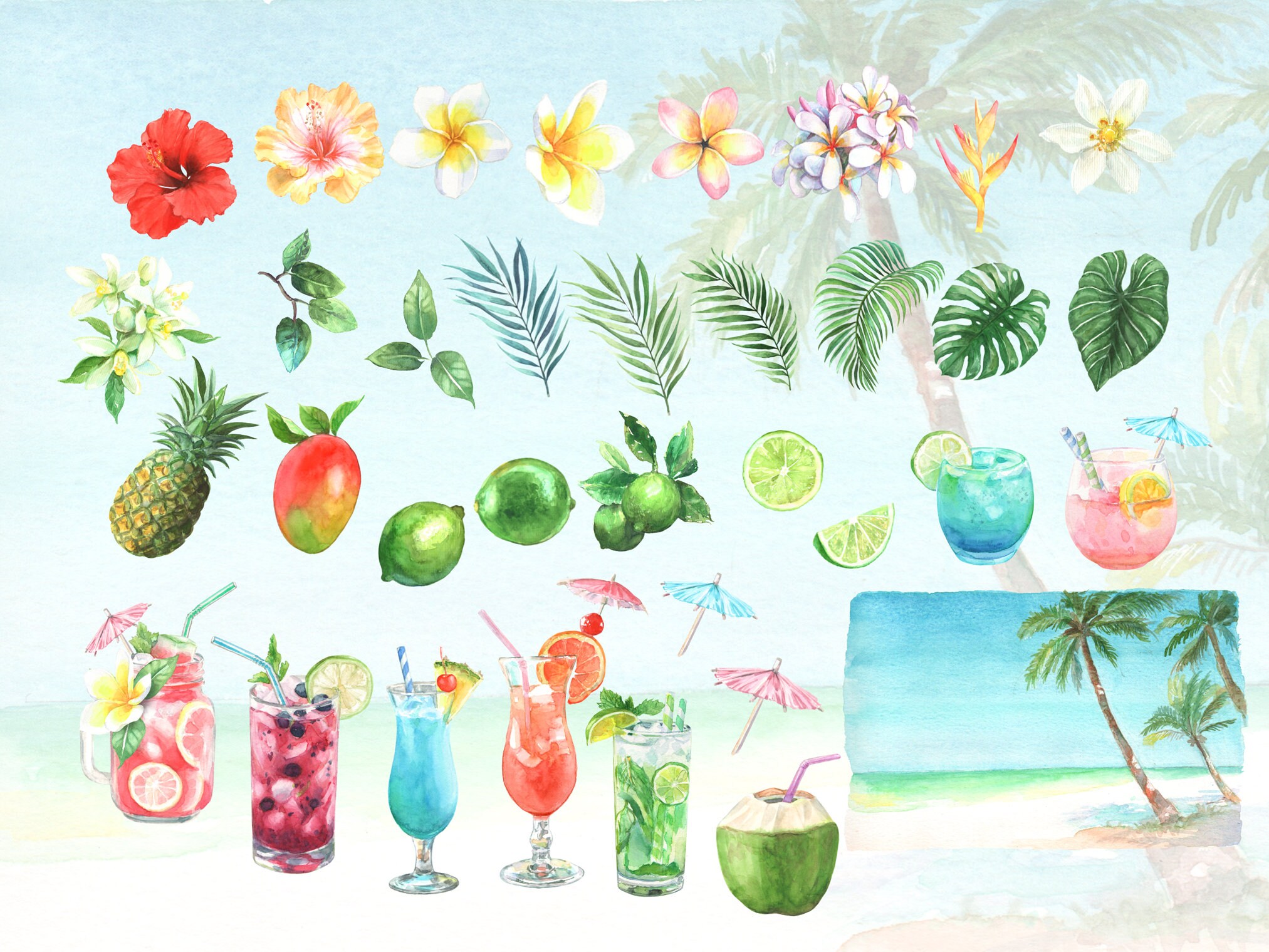 Watercolor Tropical Summer Clipart Blue Hawaiian Cocktail - Etsy