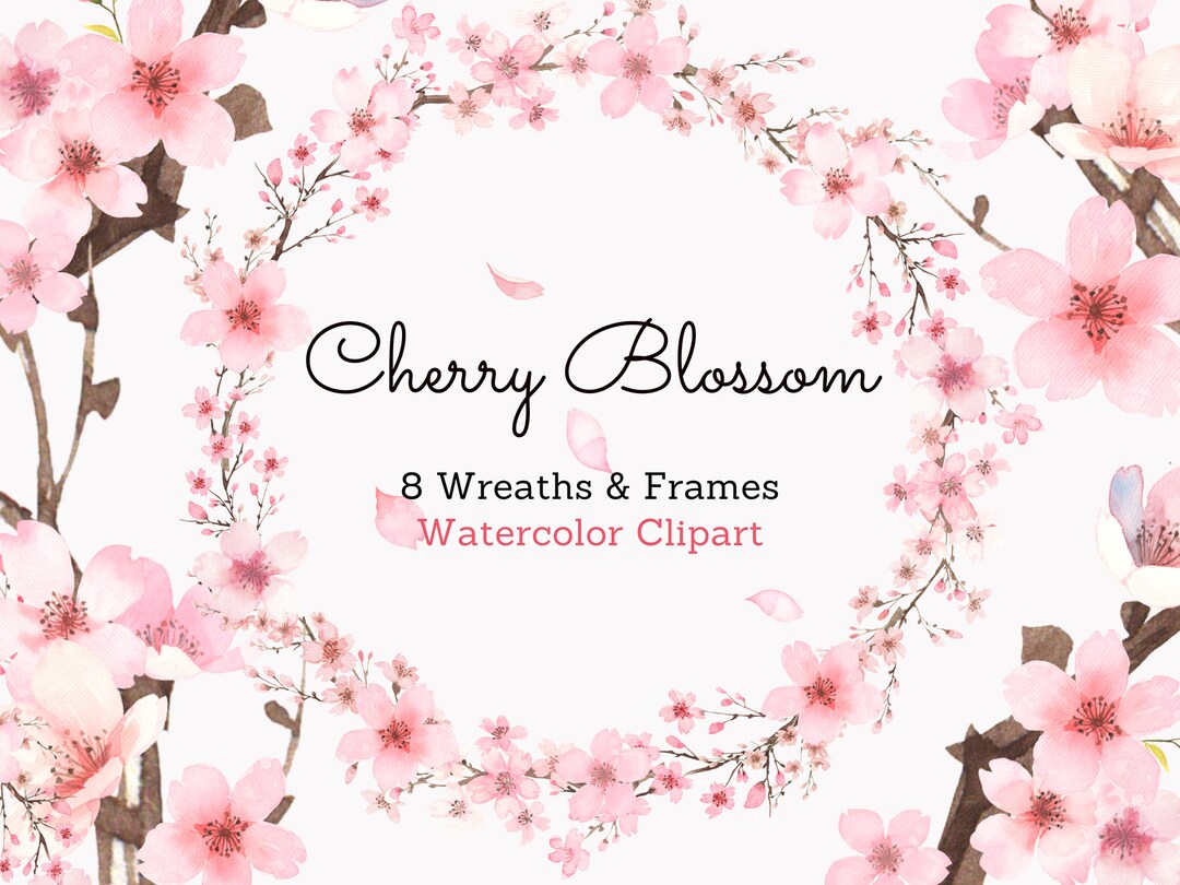Hand Painted Watercolor Cherry Blossom Clipart: Pink Floral Wreaths ...