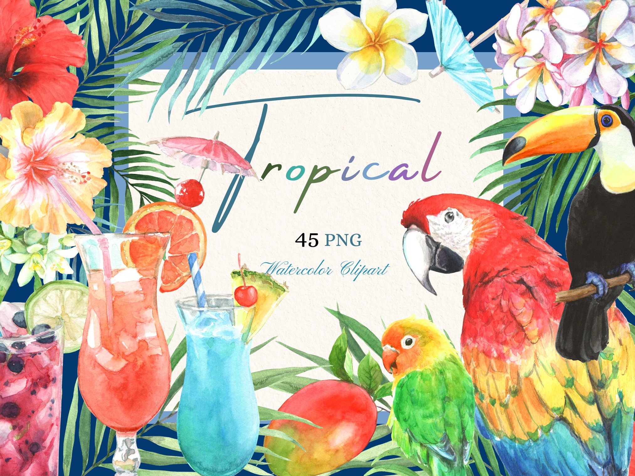 Watercolor Tropical Summer Clipart Blue Hawaiian Cocktail - Etsy