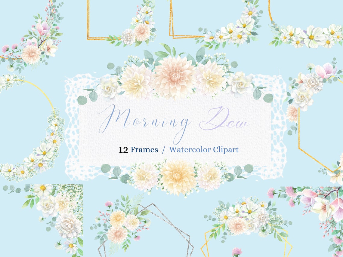 Watercolor Flower Clipart White Floral Gold Frames Light - Etsy