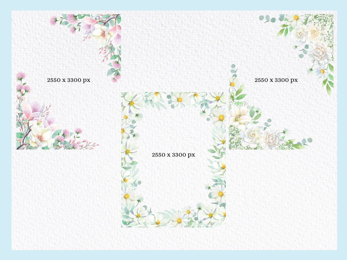 Watercolor Flower Clipart: White Floral Gold Frames (digital Download ...
