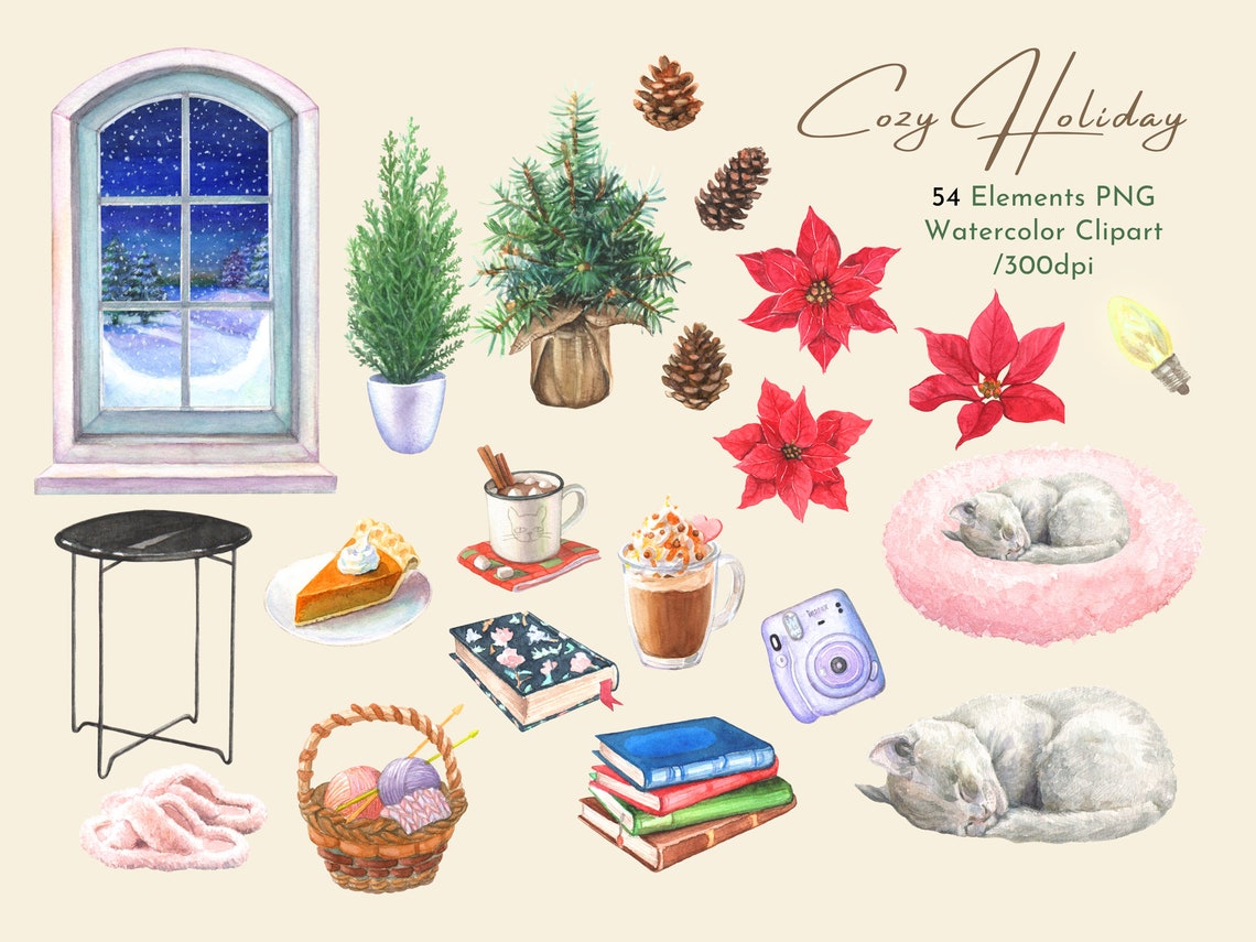 Watercolor Christmas Clipart Cozy Winter Holiday Home | Etsy