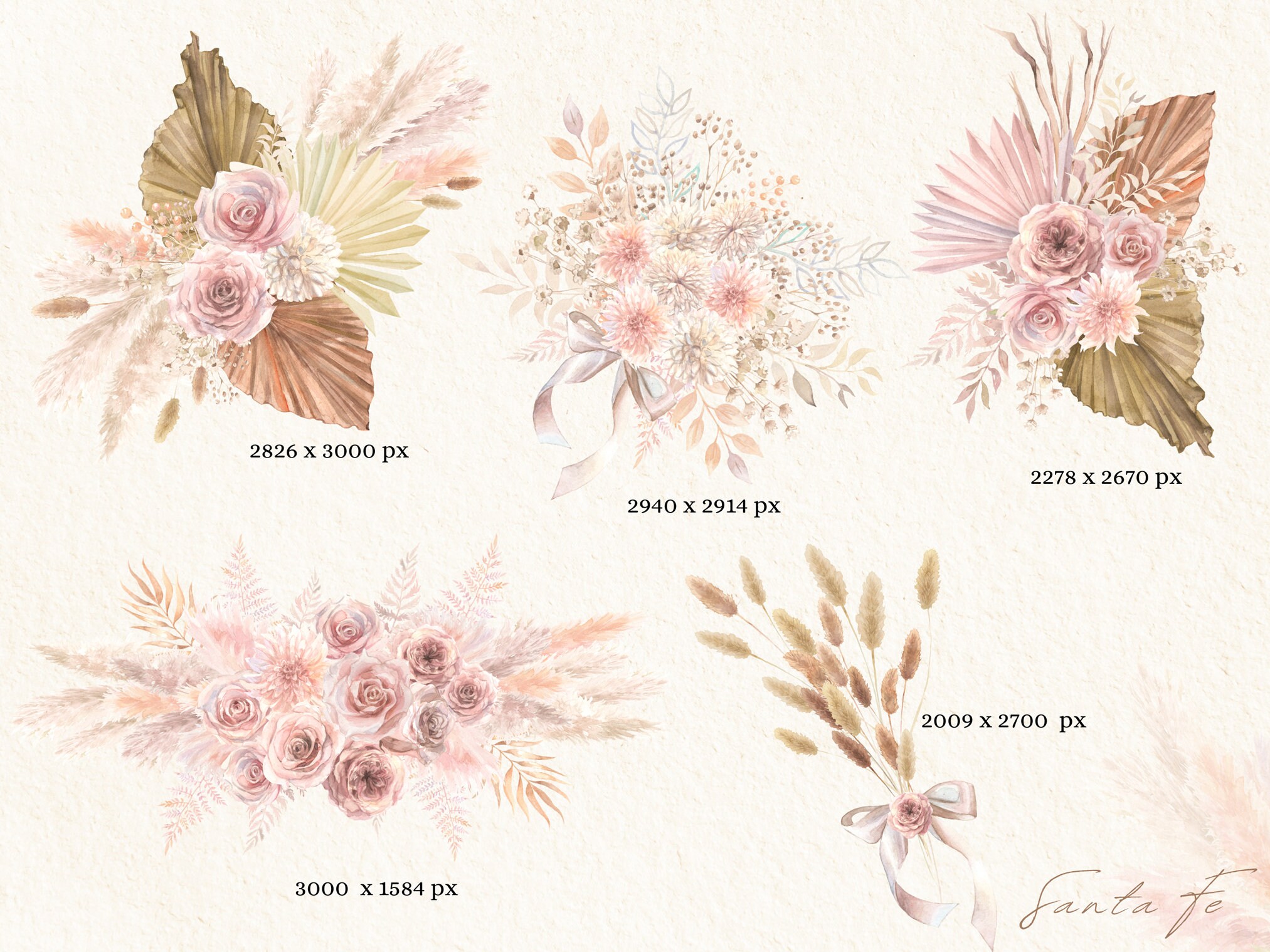 Watercolor Boho Floral Clipart: Dusty Pink Bouquets & Wreaths, Digital ...