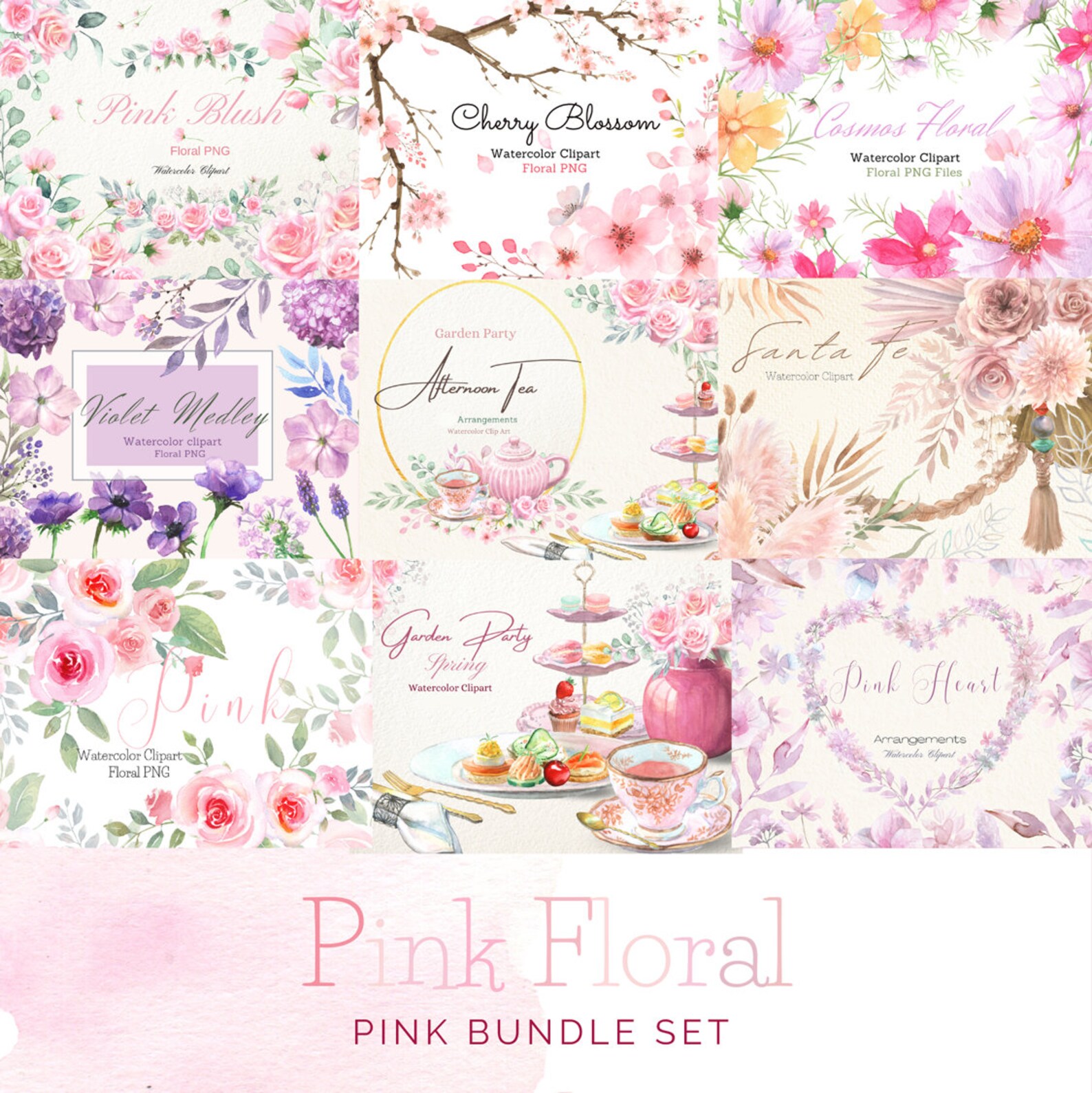 Watercolor Pink Floral Clipart Bundle Set. Pink Rose, Cosmos ...