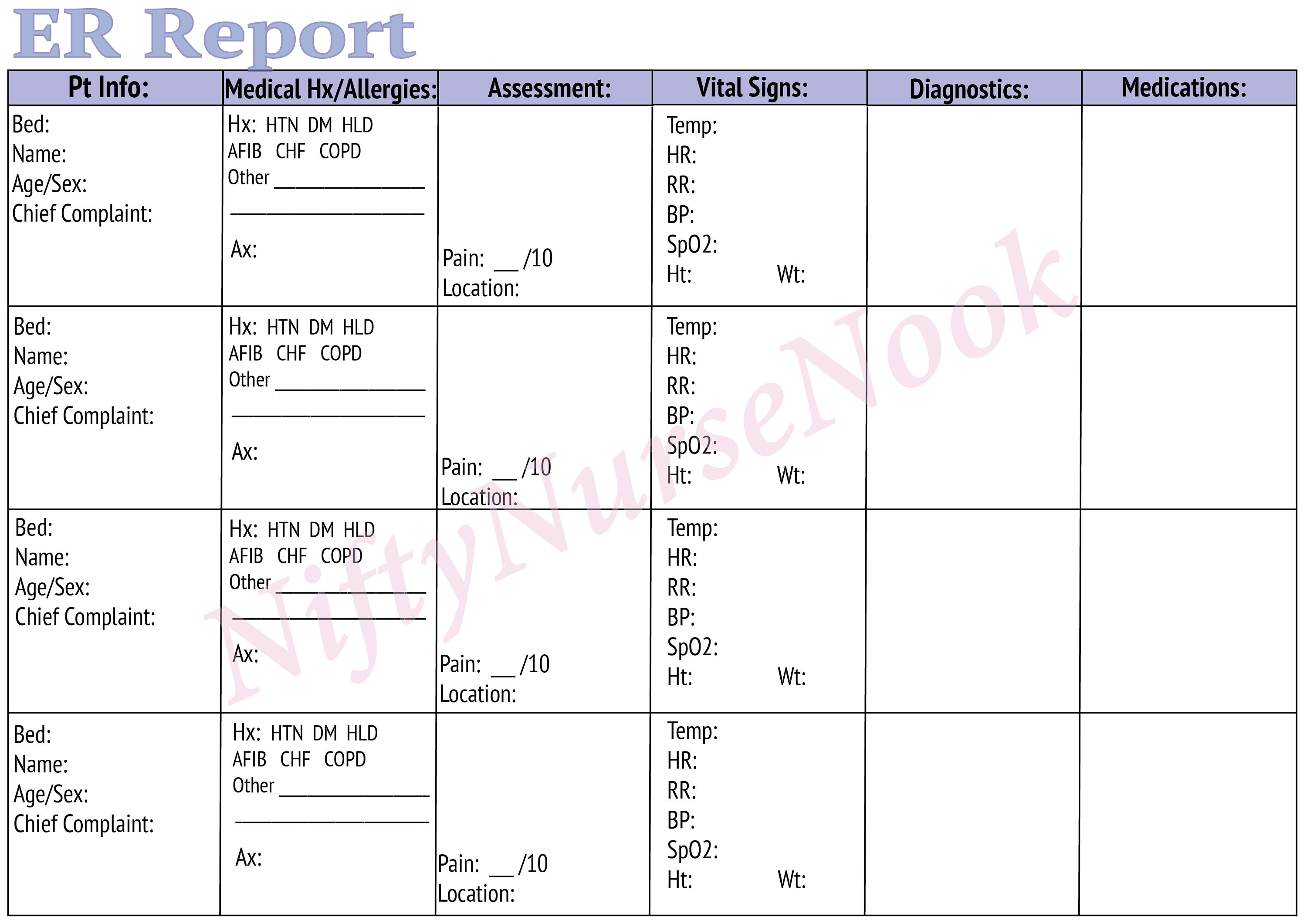 Emergency Room Nurse Report Sheet Organizational tool for ER | Etsy