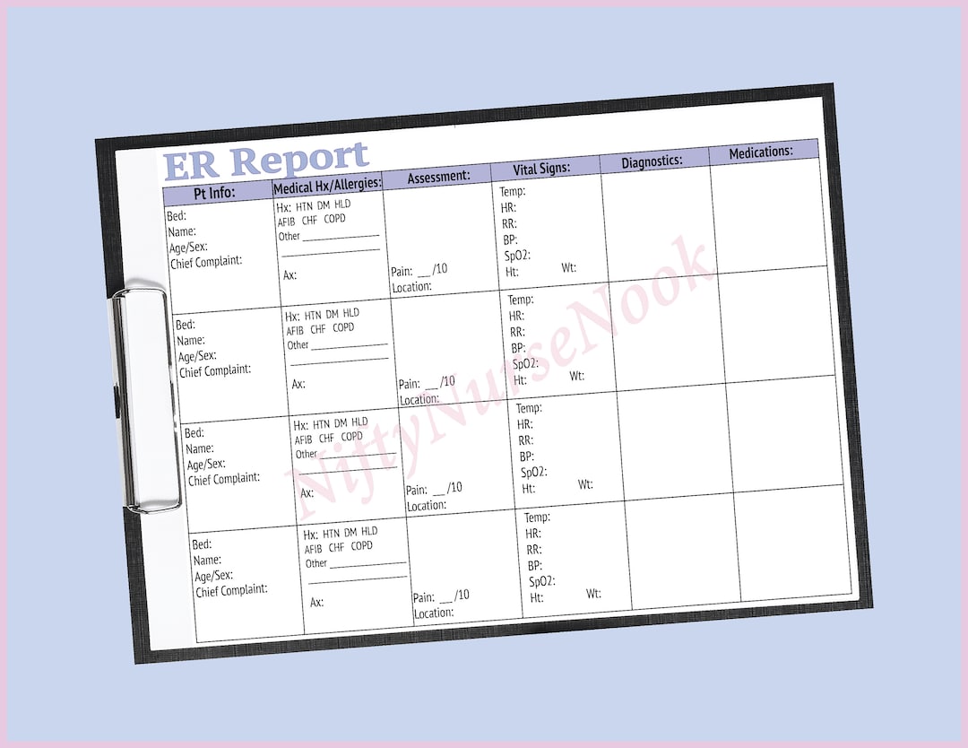 Emergency Room Nurse Report Sheet | Organizational Tool for ER Nurses ...