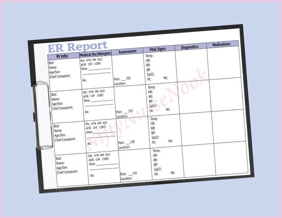 Emergency Room Nurse Report Sheet Organizational Tool for ER | Etsy