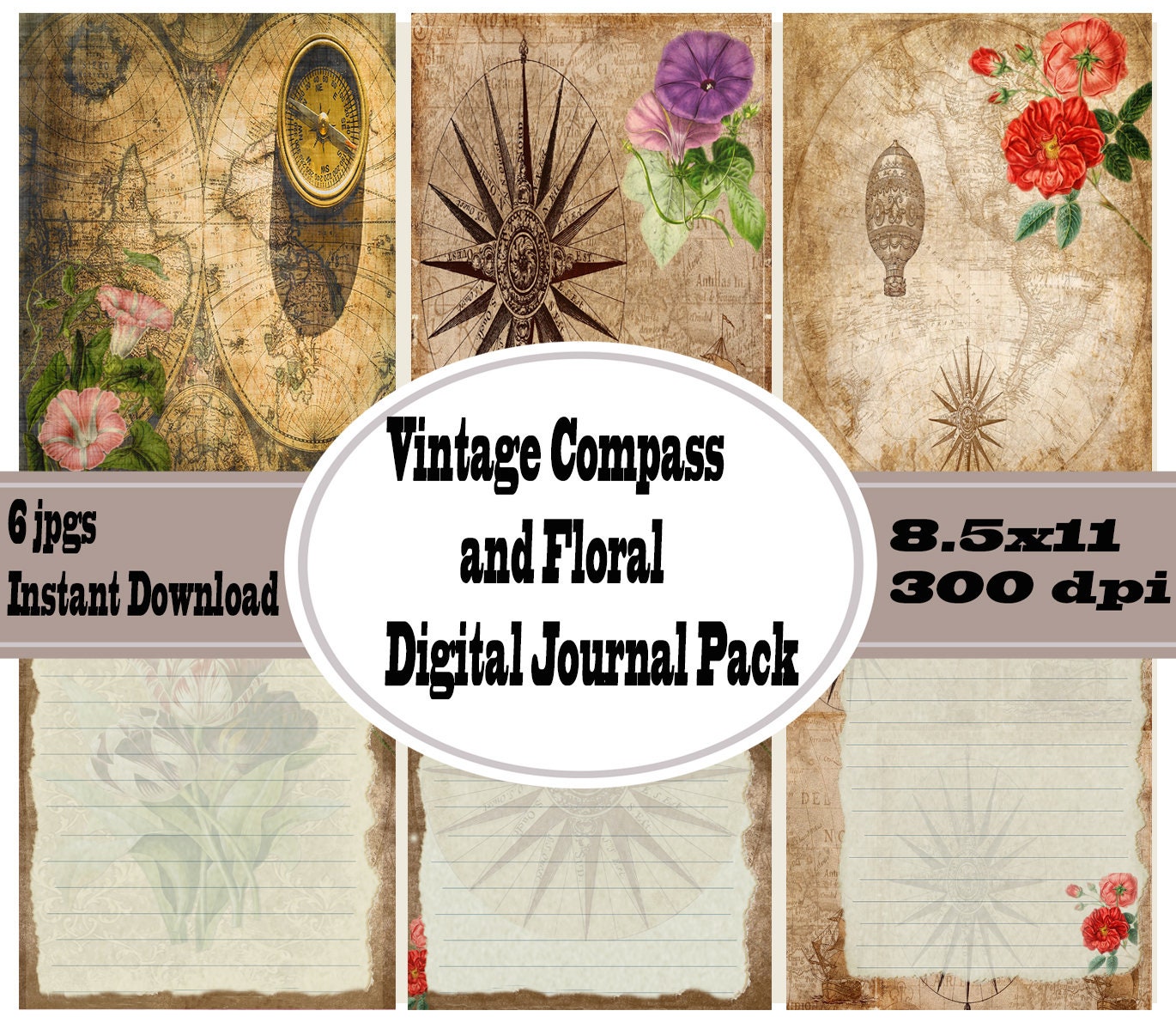 Vintage Compass Journal Paper Pack Vintage Floral Journal | Etsy