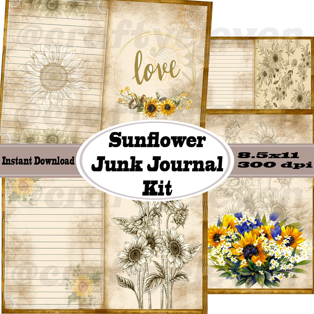 Sunflower Junk Journal Kit, Vintage Sunflower Scrapbook , Sunflower ...