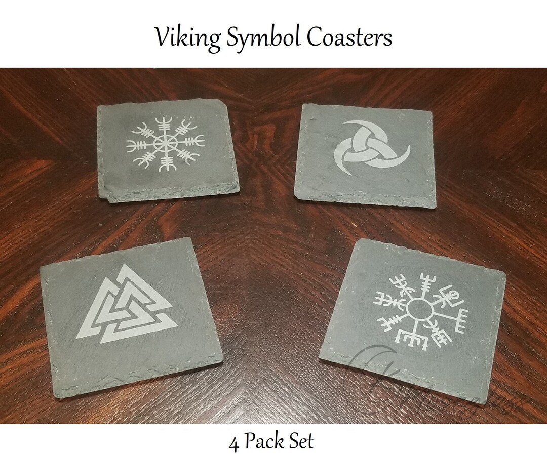 Viking Etched Slate Coasters - 4 Pack Set - Helm of Awe, Valknut ...