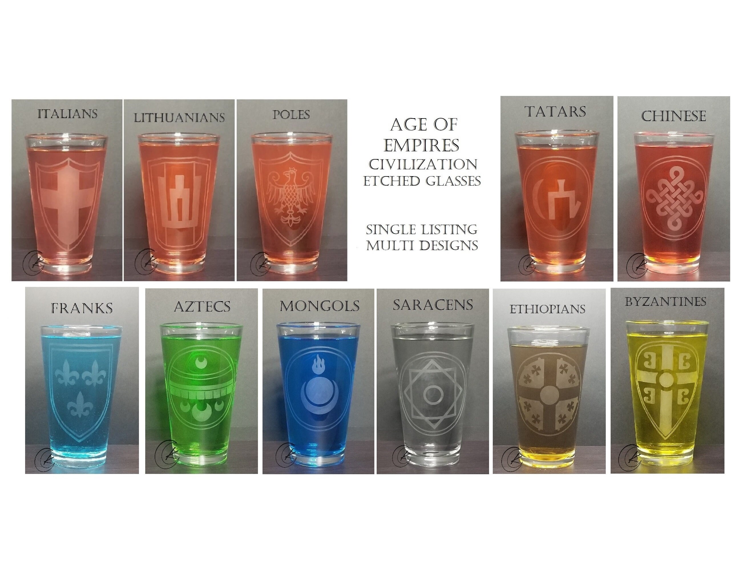 Civilization Crests Etched Pint Glass Shield Symbols 11 Designs Your ...