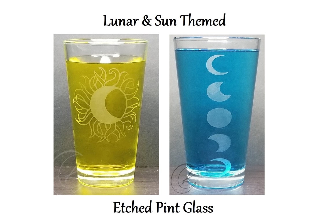 Lunar and Sun Etched Pint Glasses - Sun & Moon - Moon Phases - Single ...