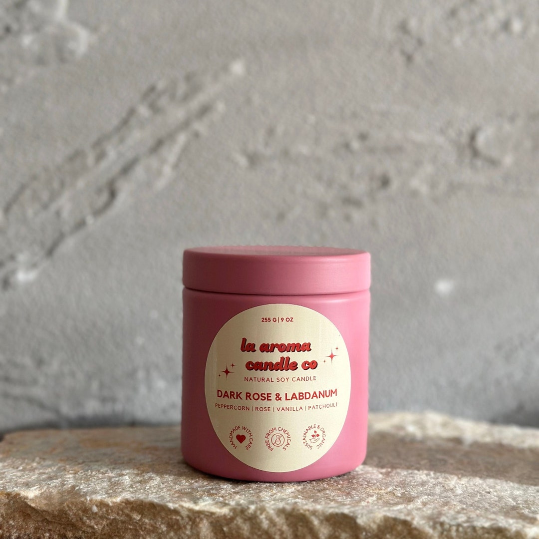 Dark Rose & Labdanum Candle: 9oz Pink Tin, Soy Wax, Wood Wick - Etsy