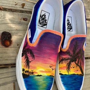 Customizable Sunset Vans Slip-ons | Painted Shoes | Beach Sunset Palm ...