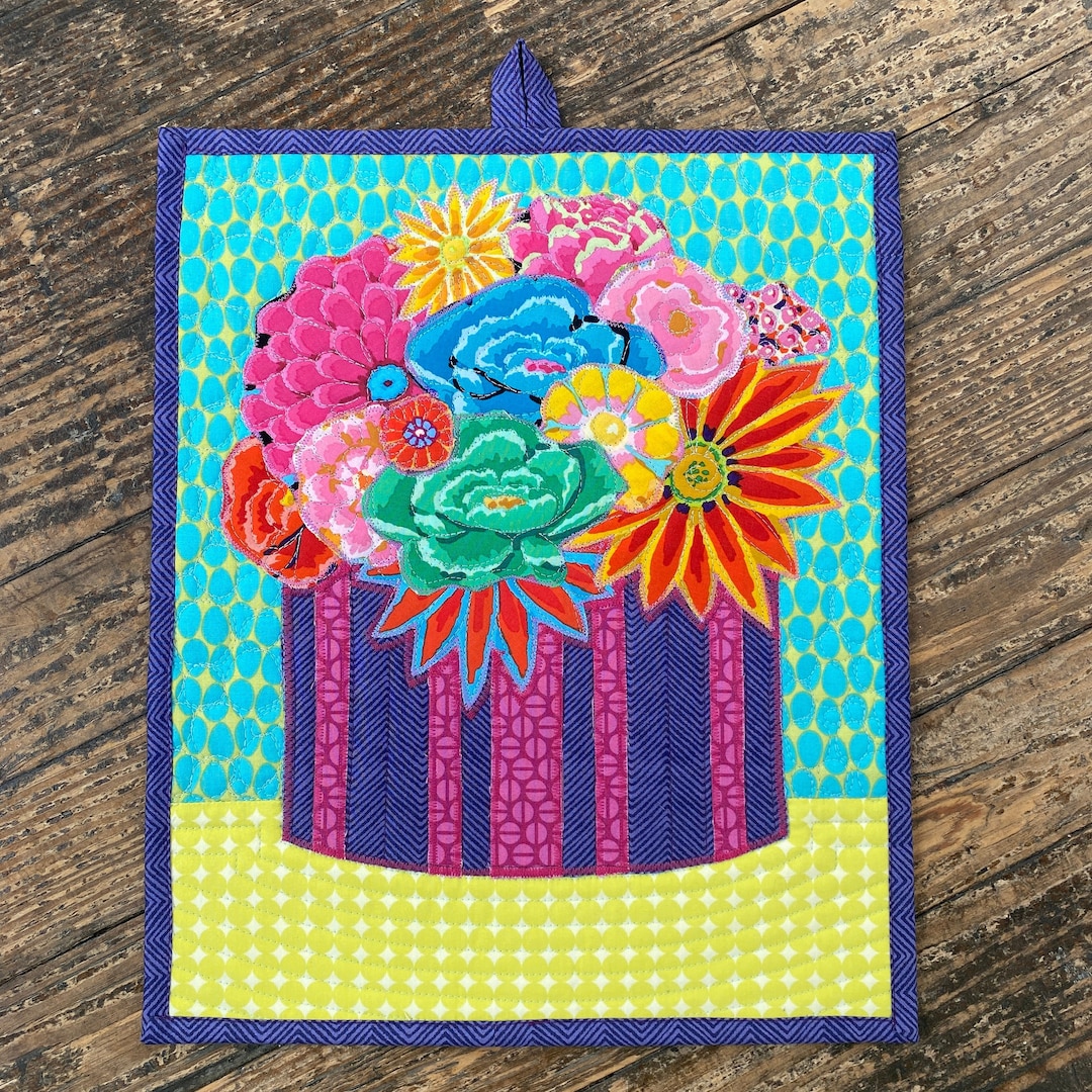 Floral Bouquet Mini Quilt, Turquoise and Lime Large Flower, Quilted Wall Hanging, Wall Quilt ...