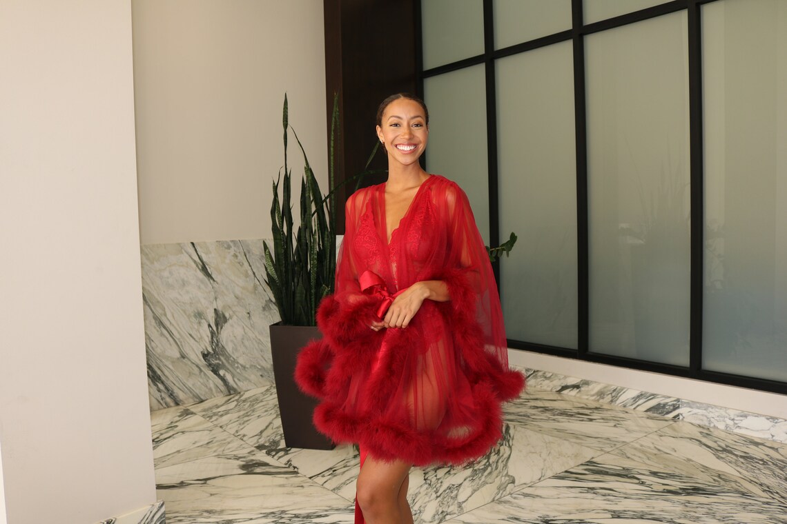 Feather Robe Lingerie See Through Short Robe Red Robe - Etsy