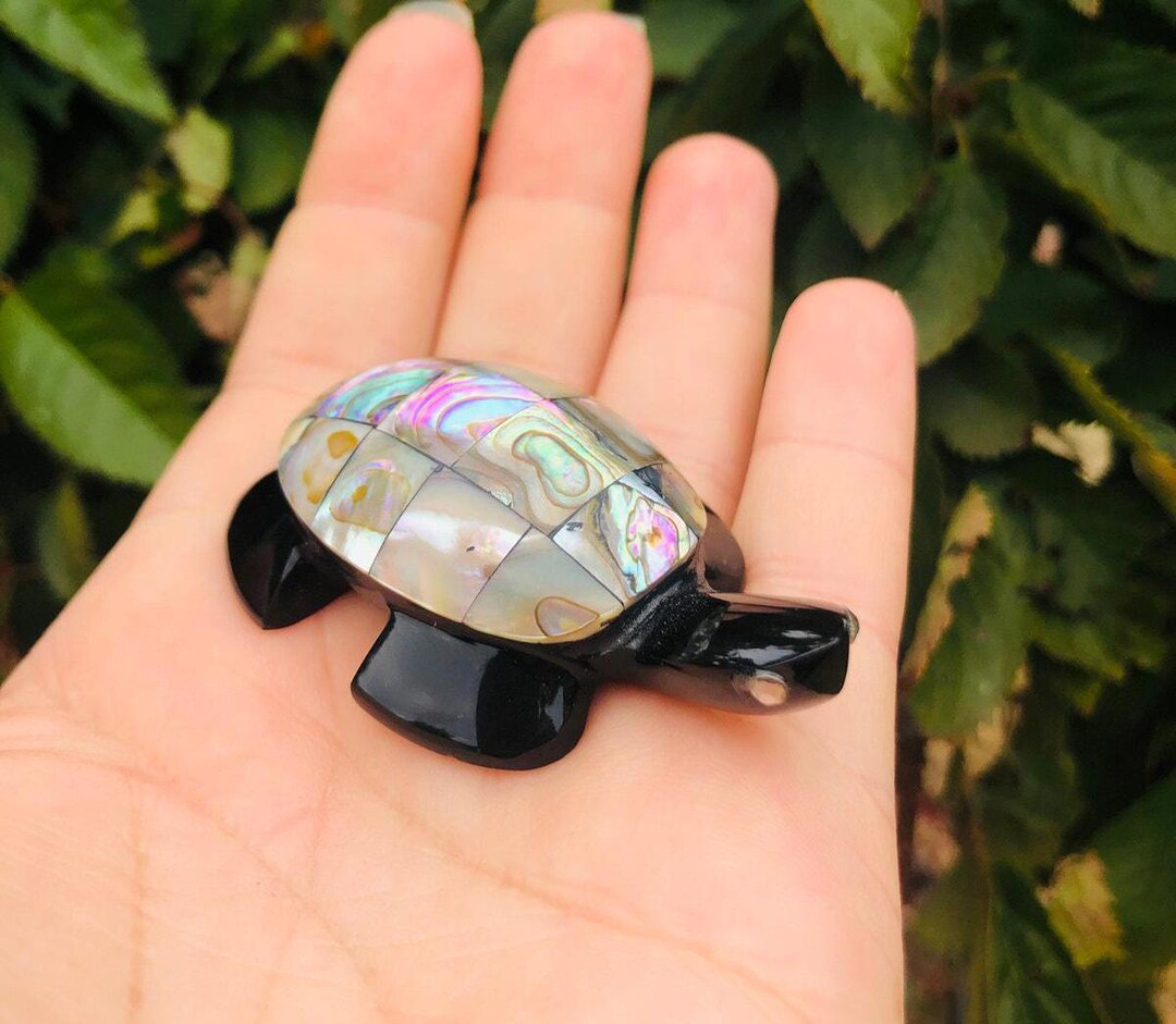 Abalone & Obsidian Turtle Carving, Animal Carving, Protection Stone ...